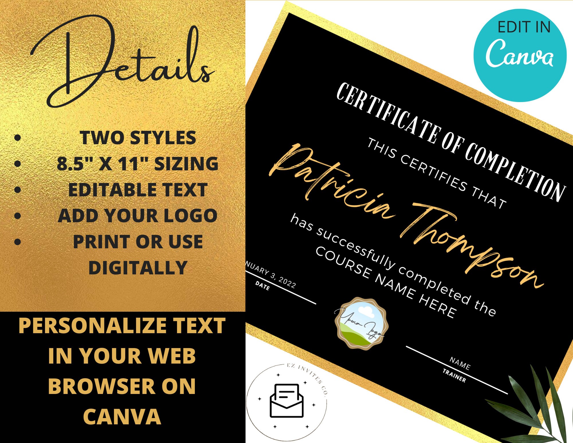 DIY Certificate of Completion, Simple Template, Bundle, Gold Black ...