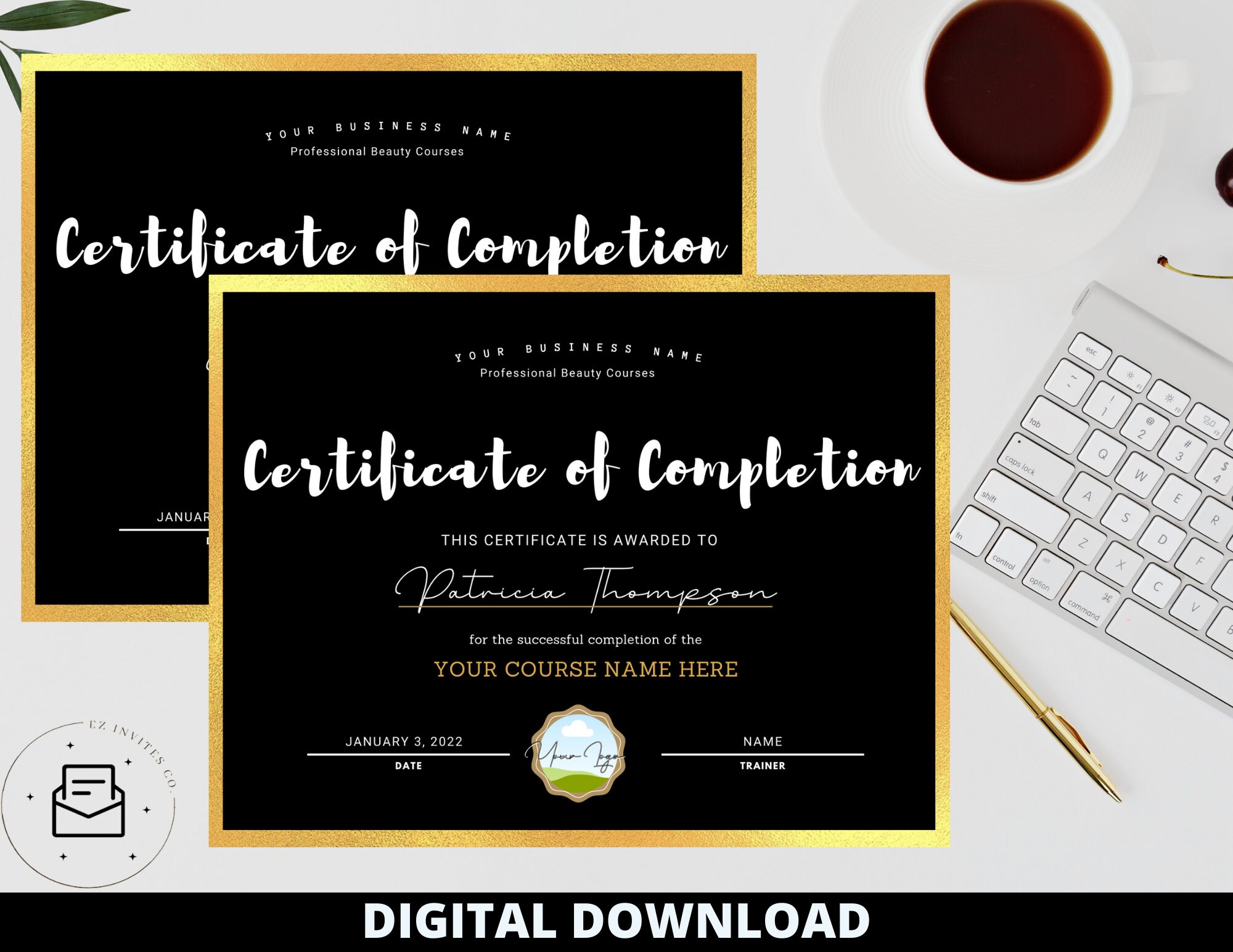 DIY Certificate of Completion, Simple Template, Bundle, Gold Black ...
