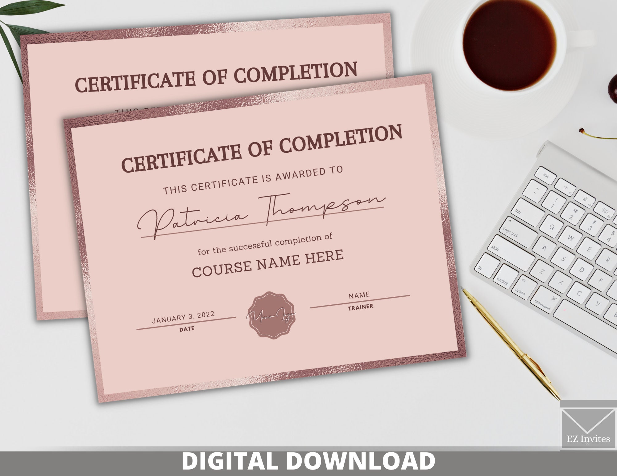 Rose Gold Certificate of Completion, Editable Template, Bundle, DIY ...