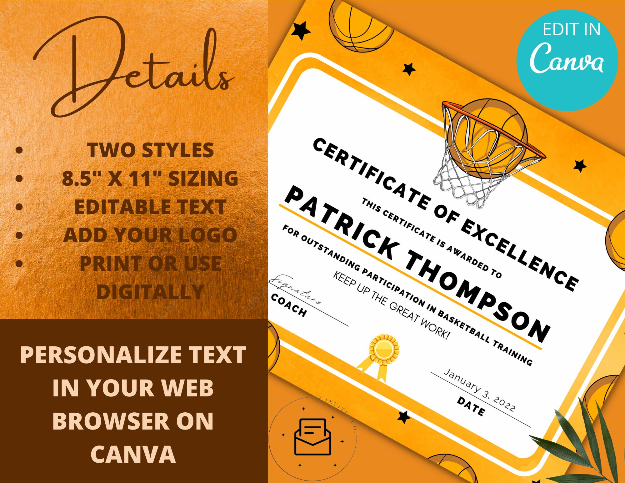 2 Basketball Certificates Template Bundle, Orange DIY Basketball ...