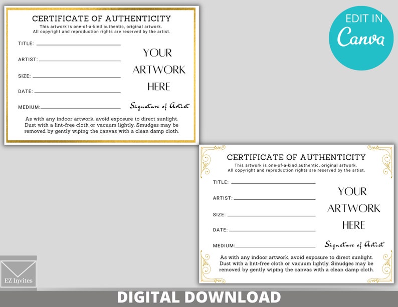 Gold Certificate of Authenticity Template: Artist DIY Canva (digital ...
