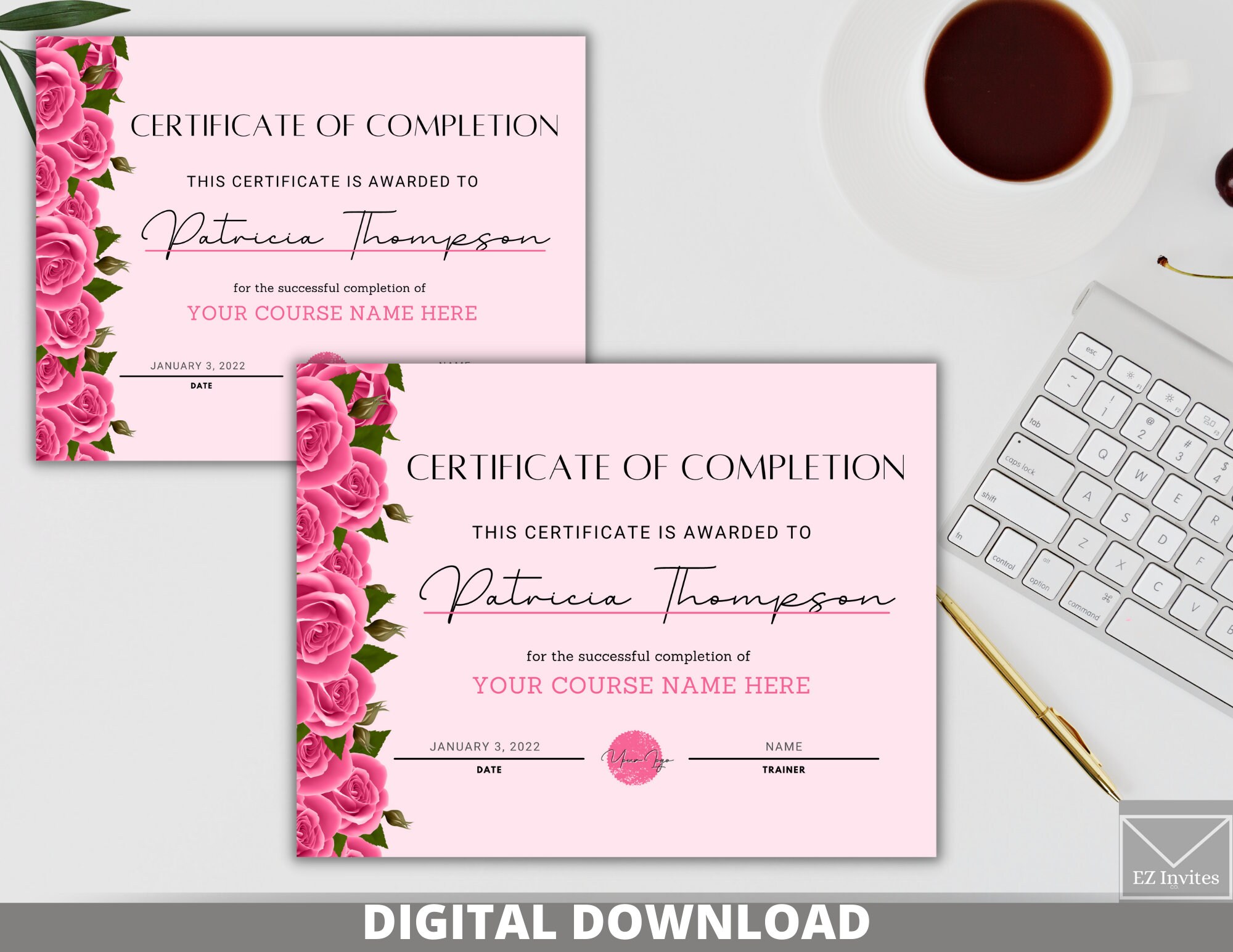 DIY Certificate of Completion Pink Roses Template Bundle - Etsy