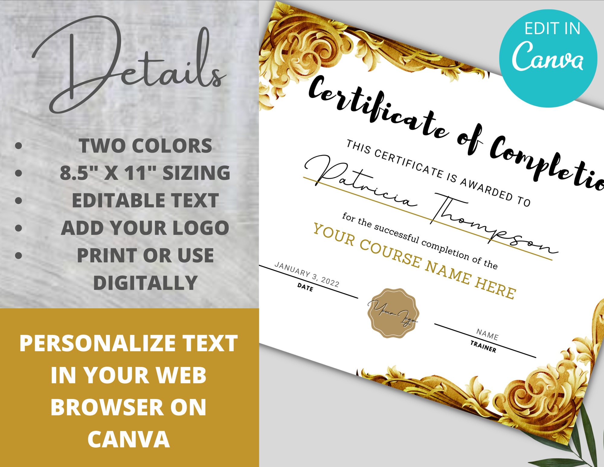 DIY Gold Certificate of Completion, Easy Template, Bundle, Editable ...