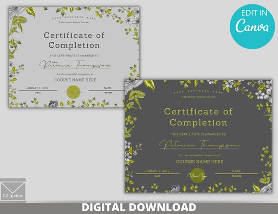 Gray Certificate of Completion Template Lash Training | Etsy