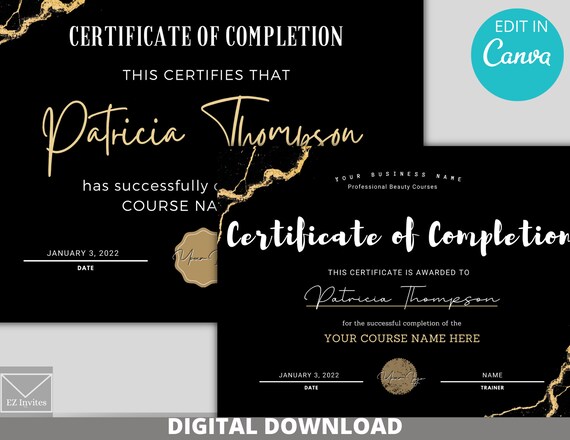 DIY Certificate of Completion Simple Template Bundle Gold | Etsy