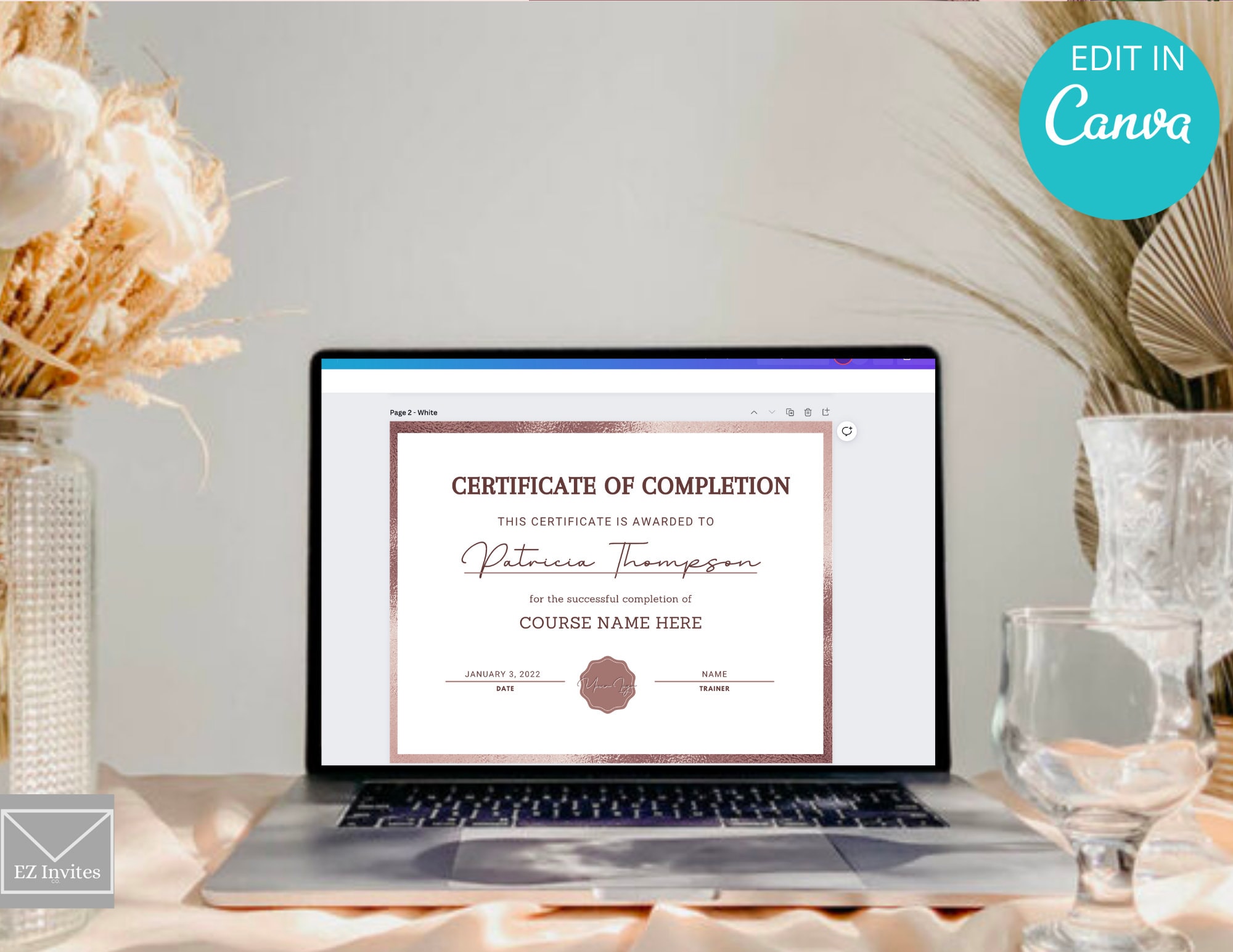 Rose Gold Certificate of Completion, Editable Template, Bundle, DIY ...