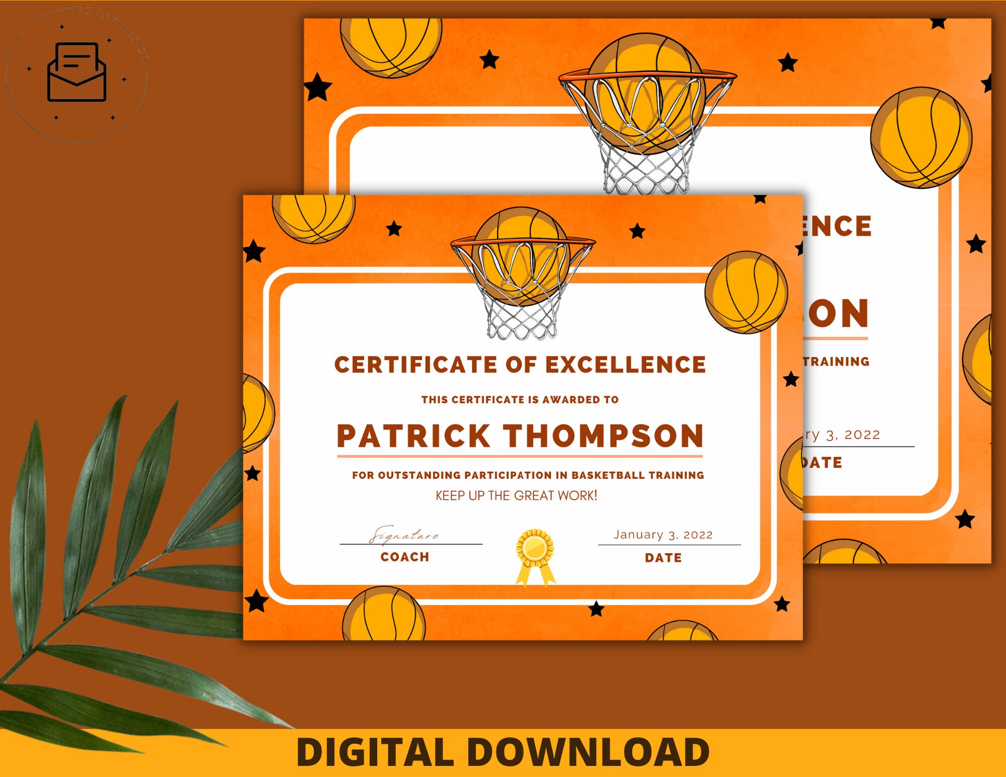 2 Basketball Certificates Template Bundle, Orange DIY Basketball ...