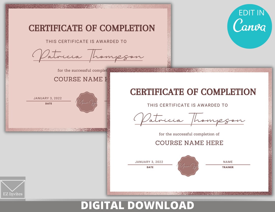 Rose Gold Certificate of Completion, Editable Template, Bundle, DIY ...