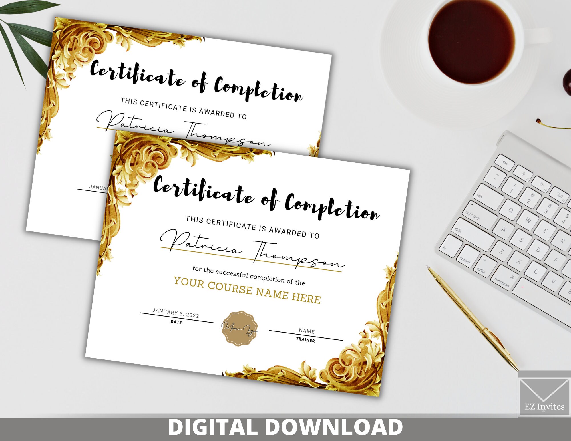 DIY Gold Certificate of Completion, Easy Template, Bundle, Editable ...