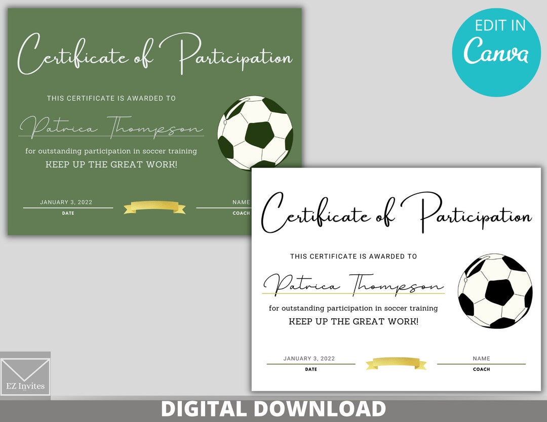 Editable Soccer Certificate Template: Green & Gold Award (canva) - Etsy