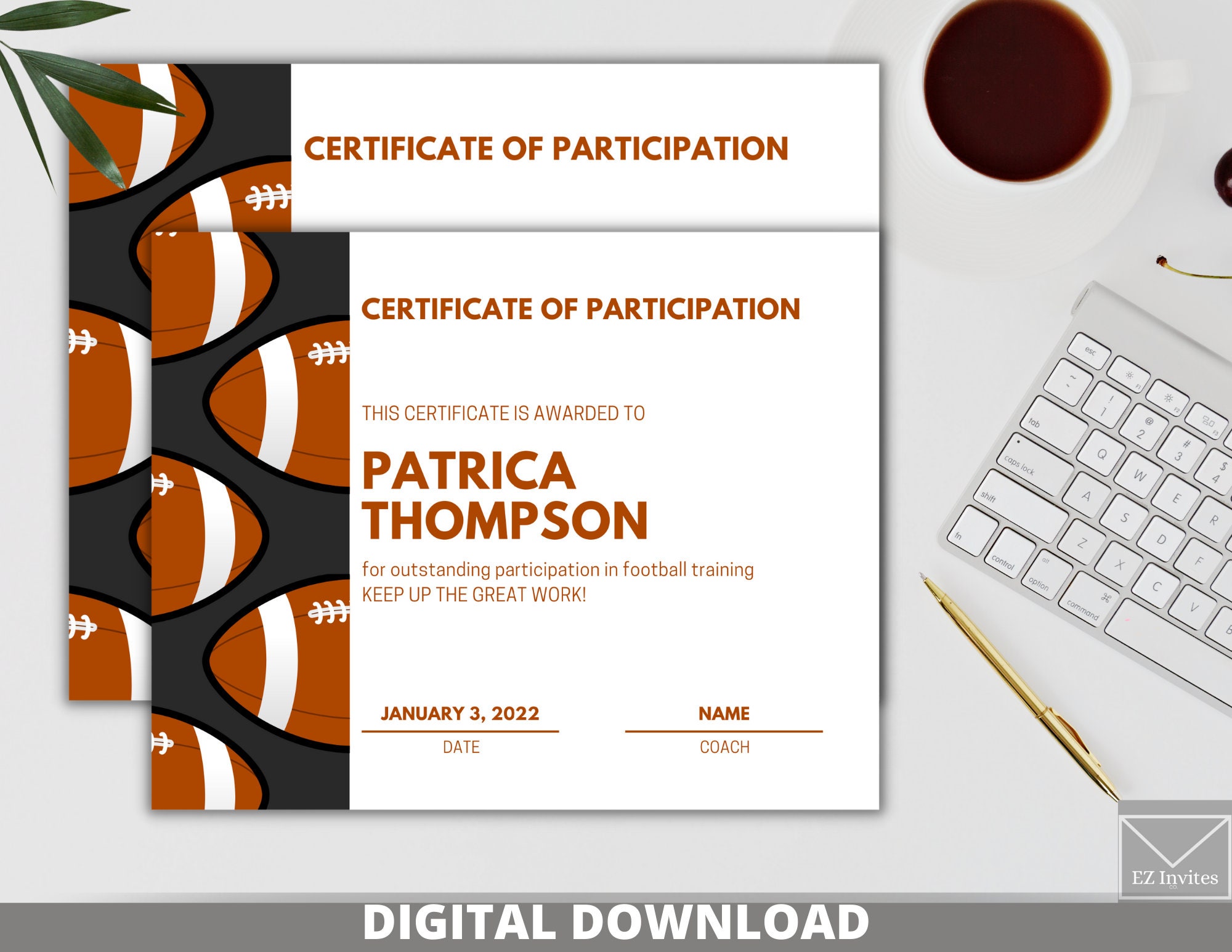 Football Participation Certificate Template | Editable Canva Youth ...