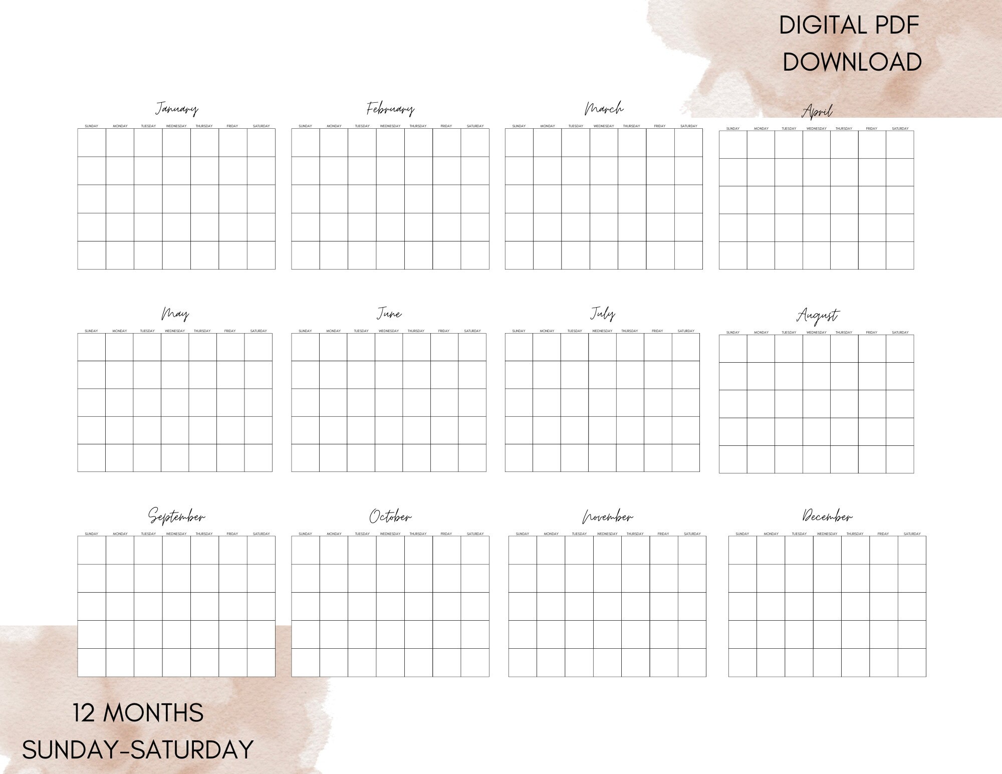 Monthly Blank Calendar Minimalist Calendar PDF Printable - Etsy