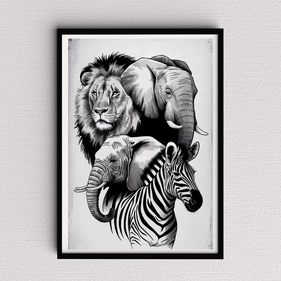 Safari Poster | Lions, Elephants & Zebras | African Wildlife | Black ...