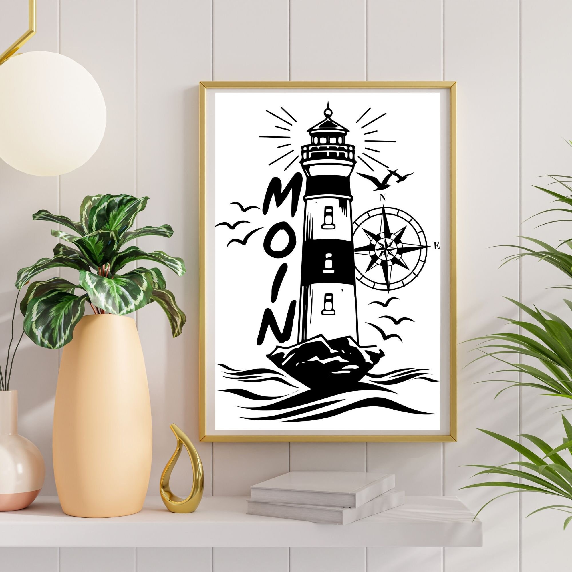 Maritime Poster With Seagulls, Lighthouse, Compass and moin North Sea ...