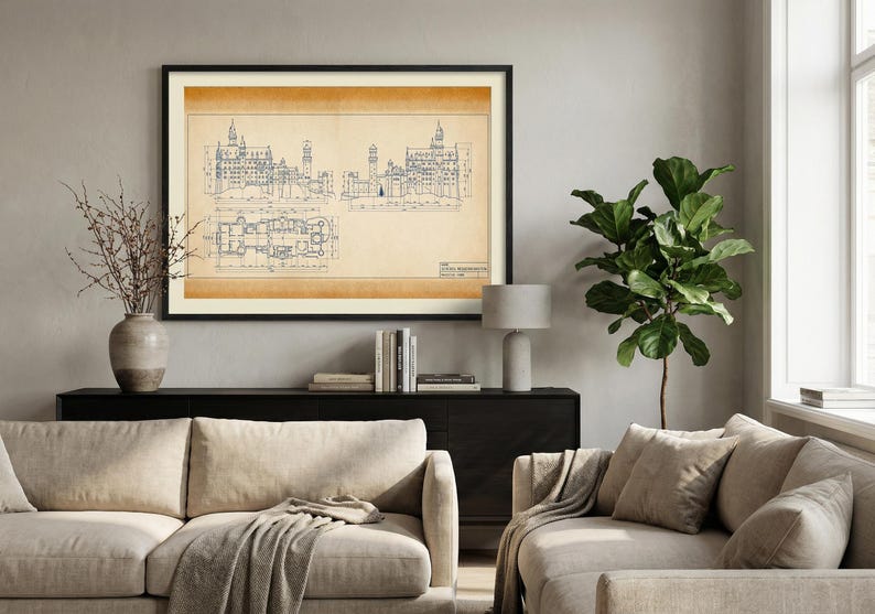 Neuschwanstein Castle Blueprint Poster Digital - Architectural Drawing ...
