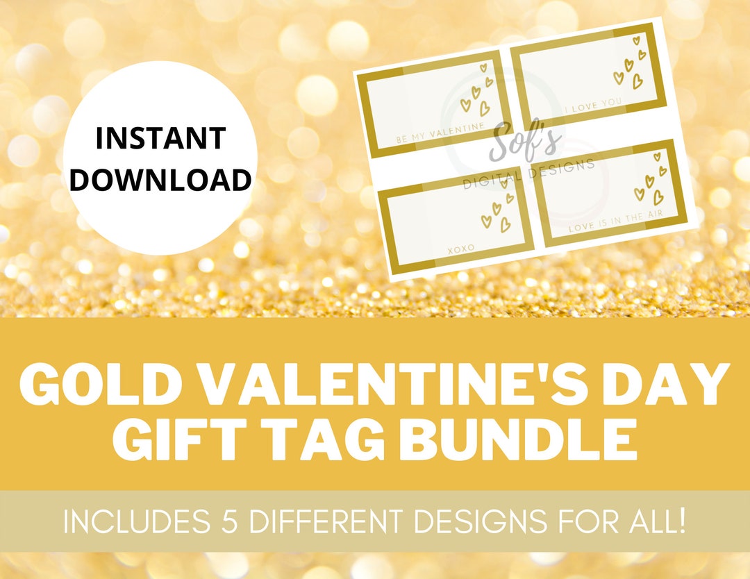 Gold Valentine's Day Gift Tags, Printable, Gift Tags Set of 5, Instant ...