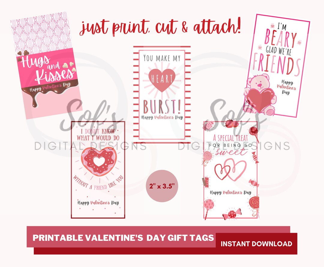 Printable Valentines Treat Tags, Set of 5, Valentines Day, PDF ...