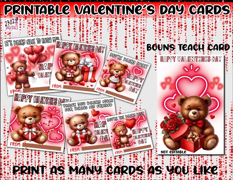 Beary Valentine Day Printable Cards, DIY Cards, Instant Download, Canva ...