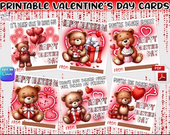 Beary Valentine Day Printable Cards, DIY Cards, Instant Download, Canva ...