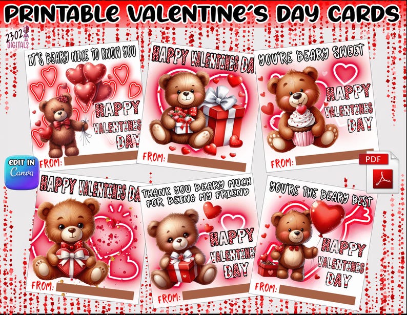 Beary Valentine Day Printable Cards, DIY Cards, Instant Download, Canva ...