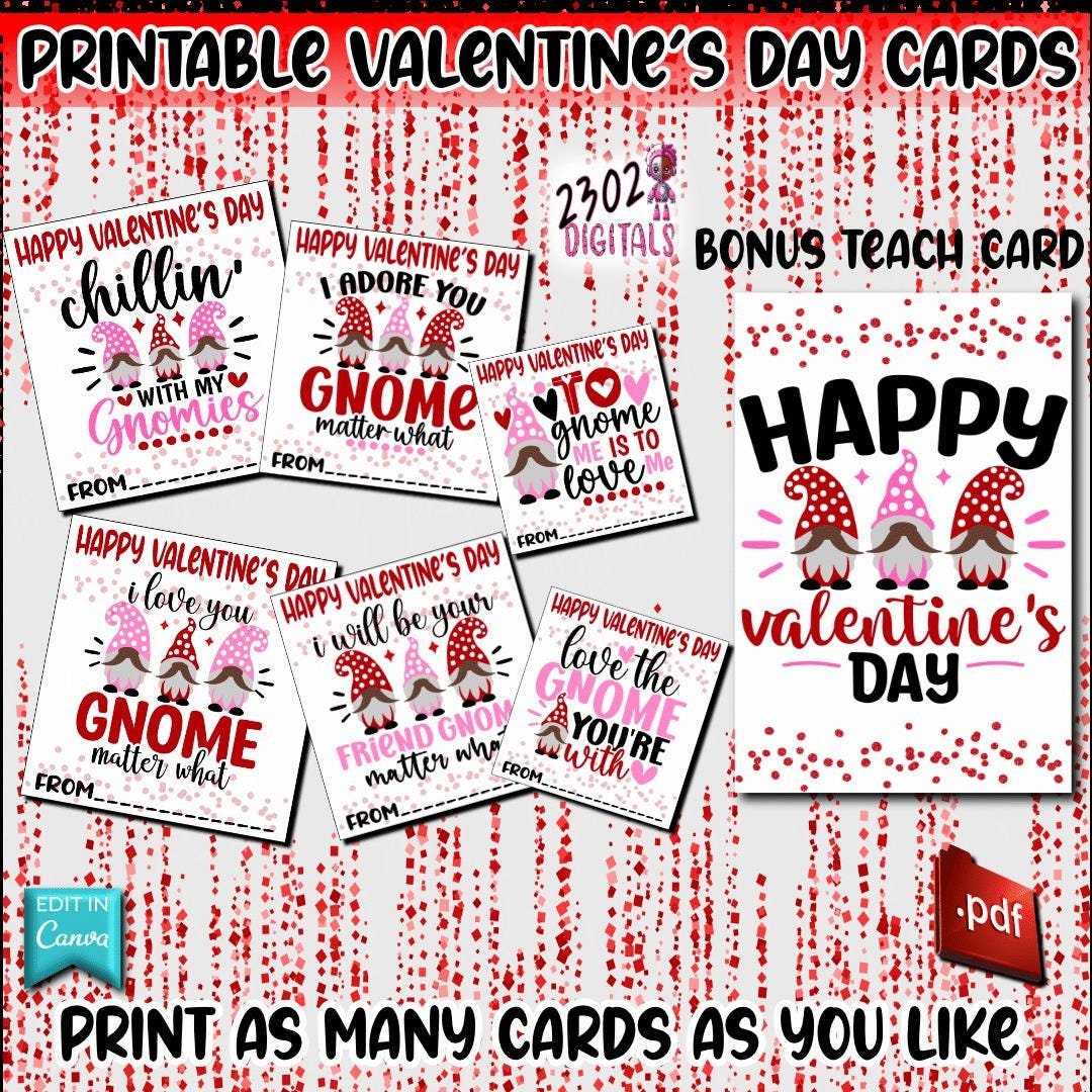 Black Gnome Valentine Day Printable Cards, DIY Cards, Instant Download ...