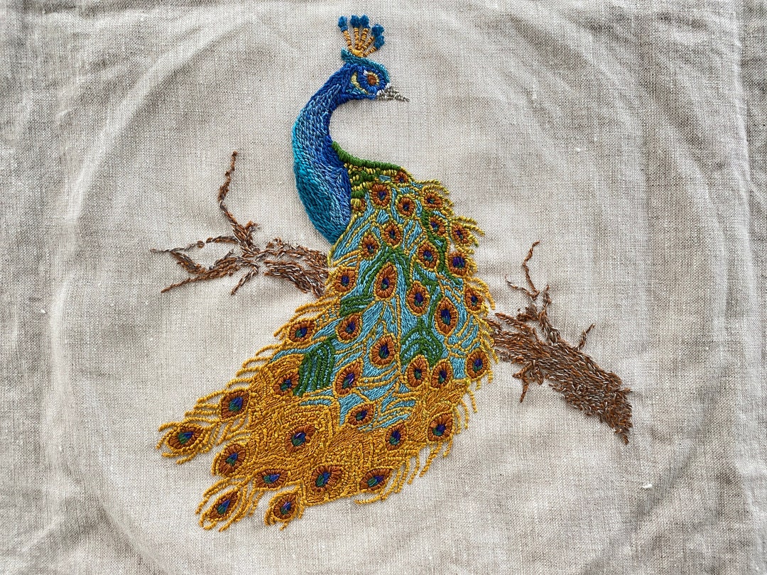 Embroidery of Peacock With Floral Details on Fine European Linen - Etsy