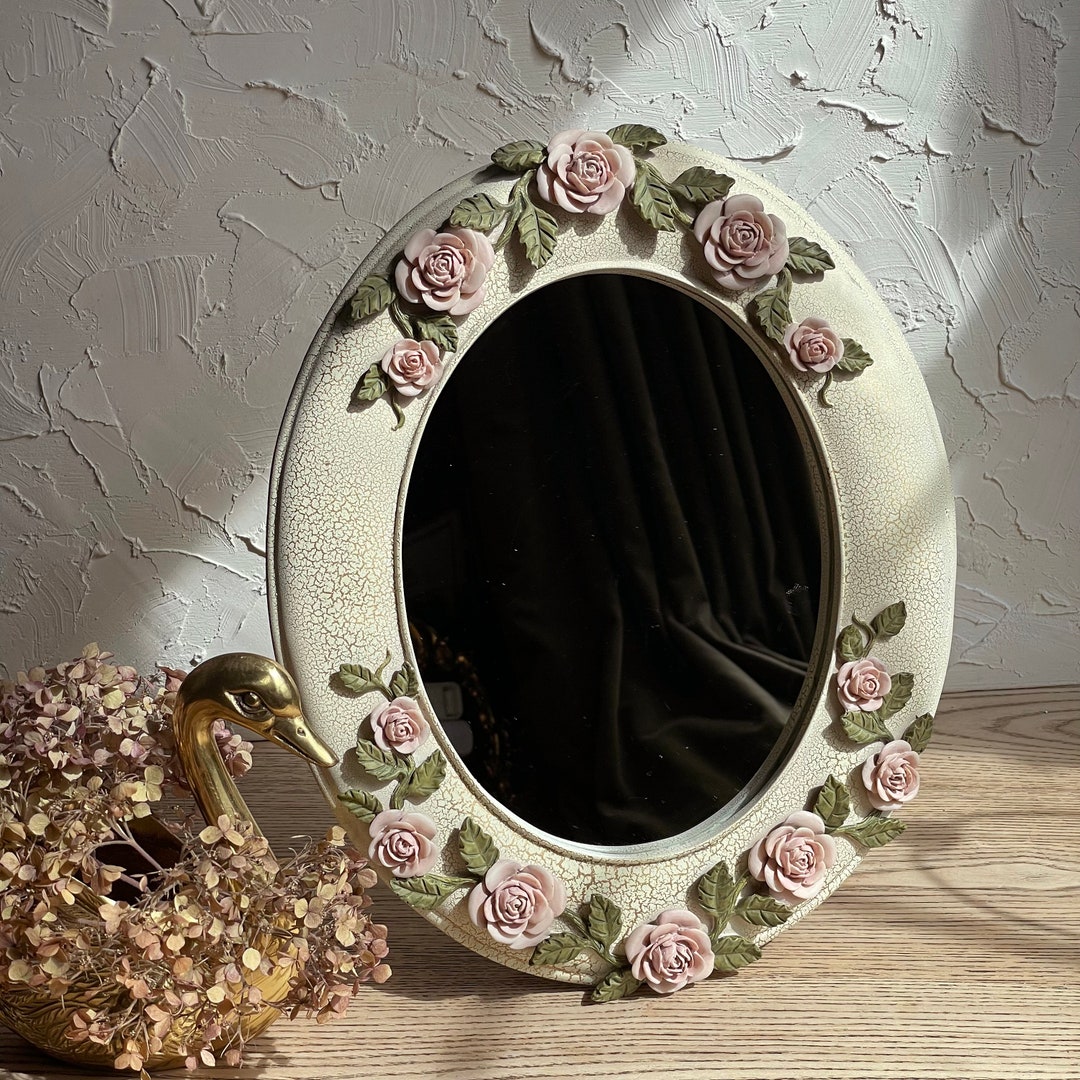 Vintage Hand Painted Pink Rose Mirror, With a Cream & Gold Crackle Base ...