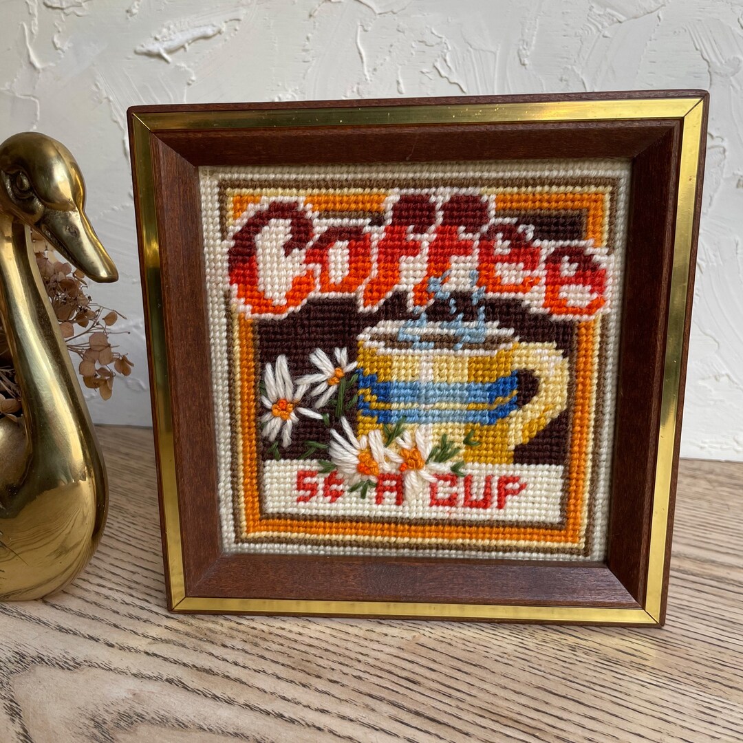 Vintage Framed Coffee Cup Needlepoint Wall Hanging - Mid-century Style ...