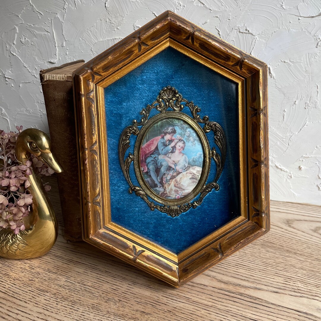 Vintage Courting Couple Framed in a Shadow Box With Blue Velvet Fabric ...