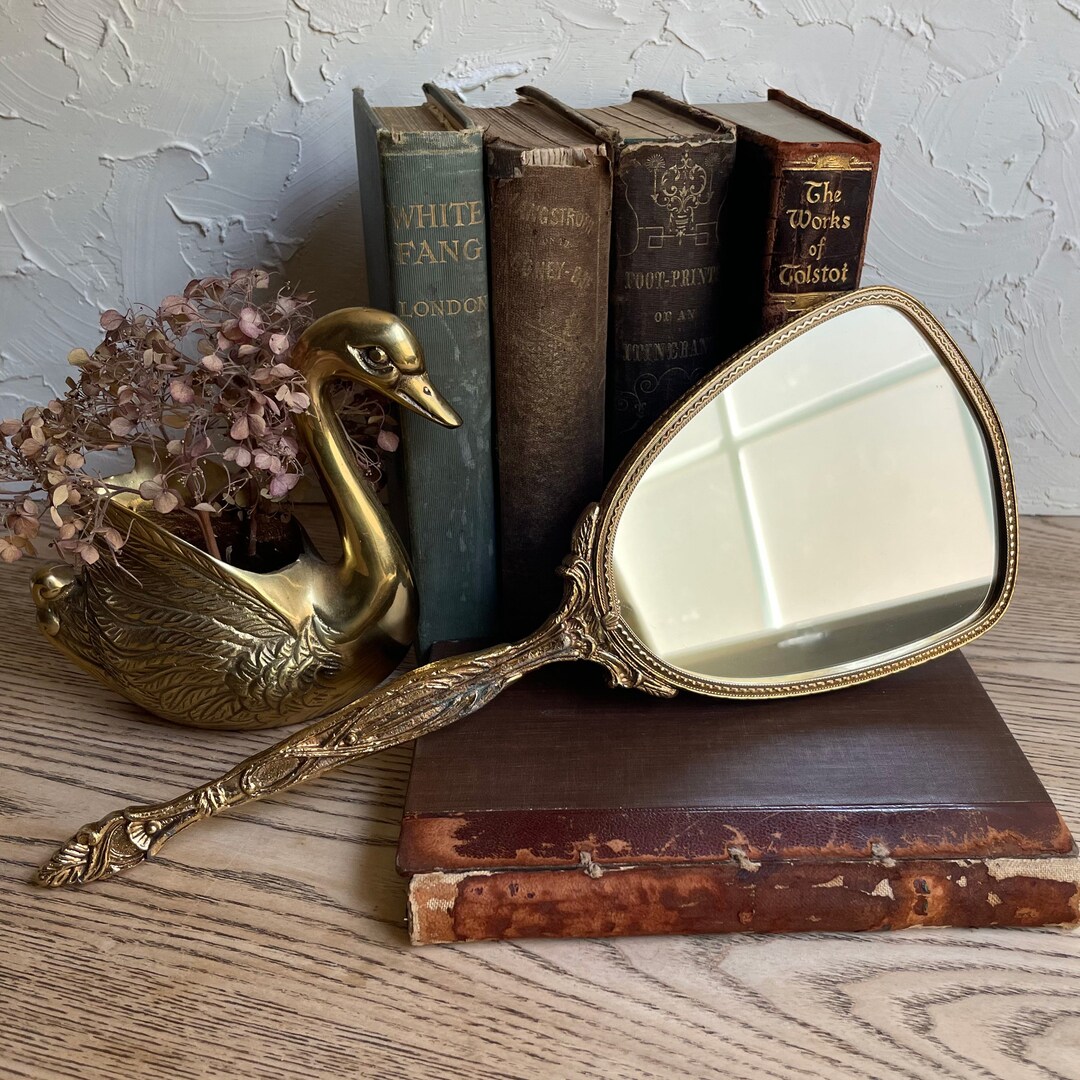 Vintage Ornate Gold Hand Held Mirror With Rose Details -- Vanity ...