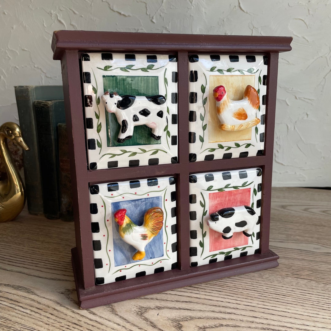 Small Vintage Farmhouse Cabinet Drawer With Ceramic Chicken-cow-pig ...