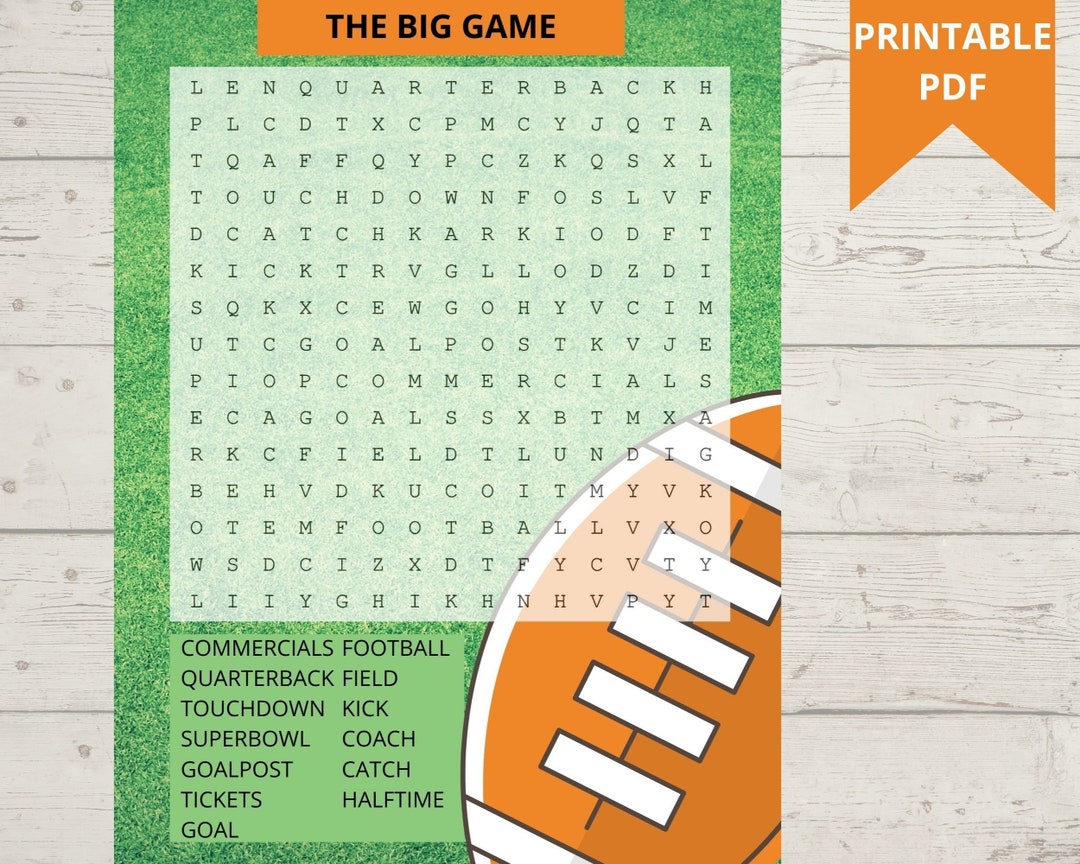 Football the Big Game Word Search, Football Party Printable, Football ...