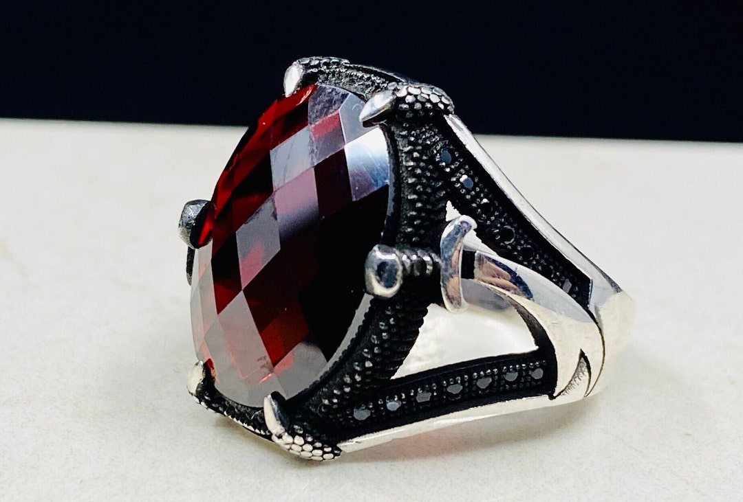 Red Stone Silver Men's Ring, Zircon Stone Silver Sword Ring, Unique ...