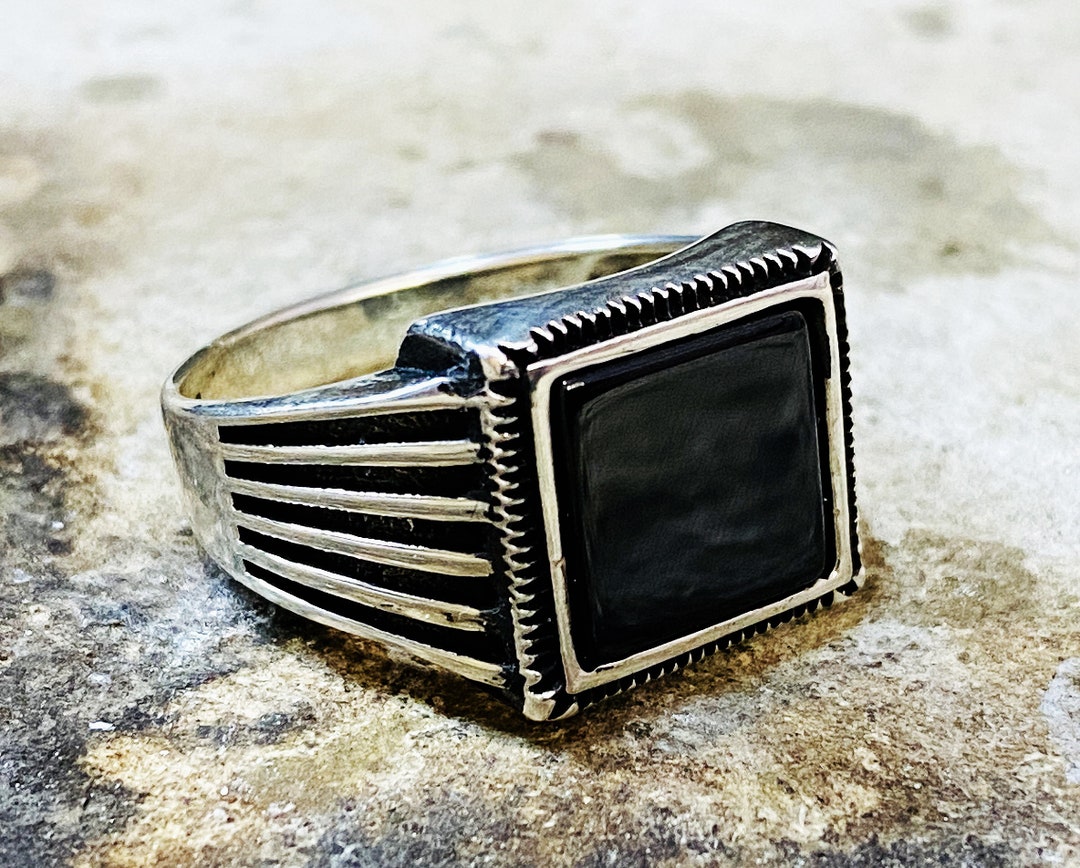 Handmade Sterling Silver Men's Ring With Black Square Stone,black Stone ...