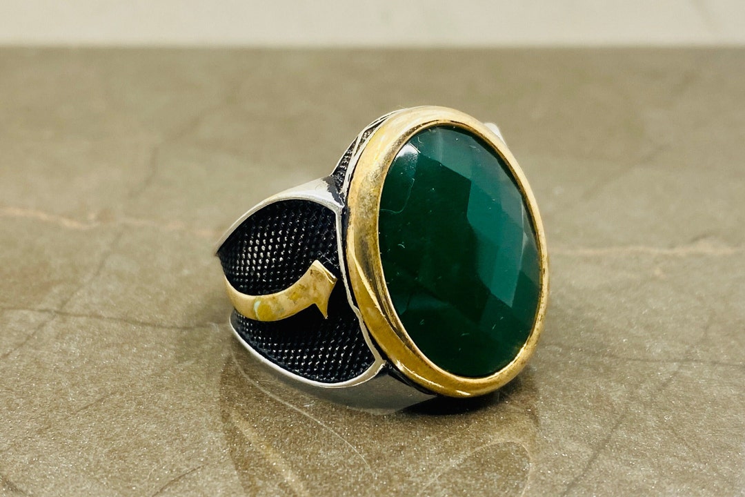 Mens Handmade Silver Men's Ring, Arabic Alif Letter Ring, Emerald Green ...