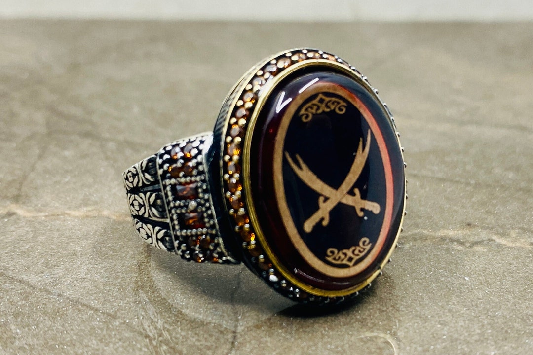 Men's Silver Sword Ring With Amber Stone, 925 Sterling Silver Ring ...