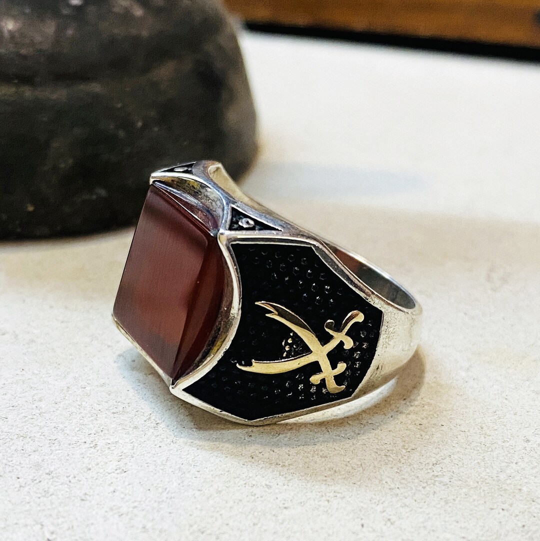 Agate Stone Silver Men's Ring, Sword Ring, Square Agate Stone Ring ...