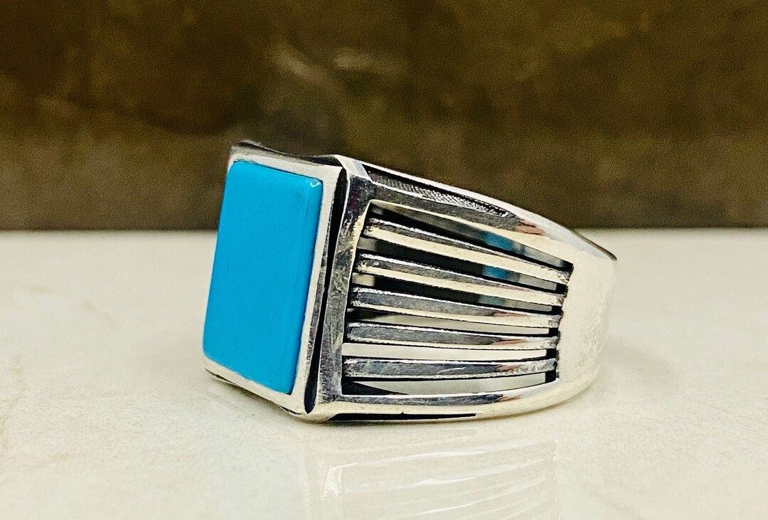 Turquoise Silver Men's Ring, Genuine Turquoise 925 Sterling Silver ...