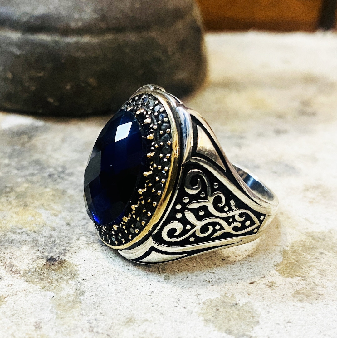 Blue Stone Silver Men's Ring,blue Gemstone Ring,blue Crystal Ring,for ...