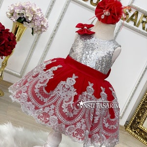 Silver Red Baby Girl Dress. Silver Lace Dress. Sparkle Baby Girl Dress ...