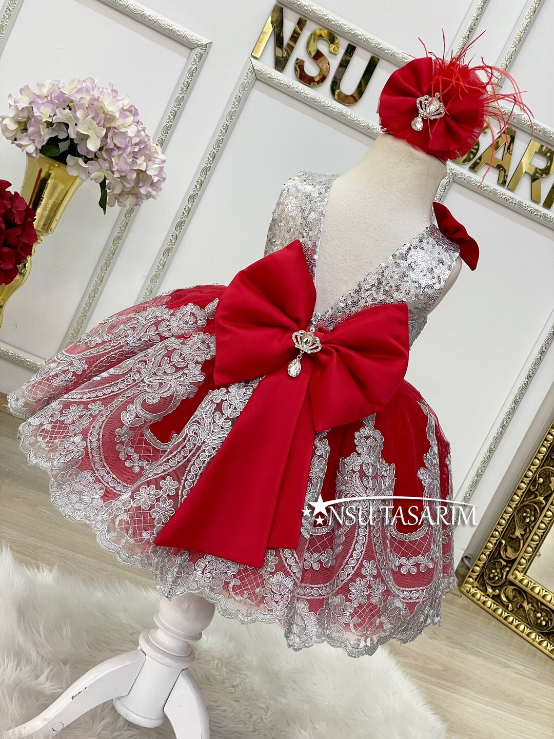 Silver Red Baby Girl Dress. Silver Lace Dress. Sparkle Baby Girl Dress ...