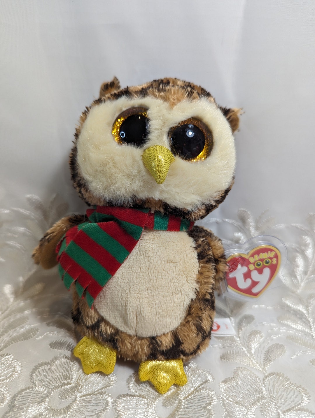 Ty Beanie Boo - Wise the Owl With Scarf and Gold Sparkly Eyes (6in) Non ...