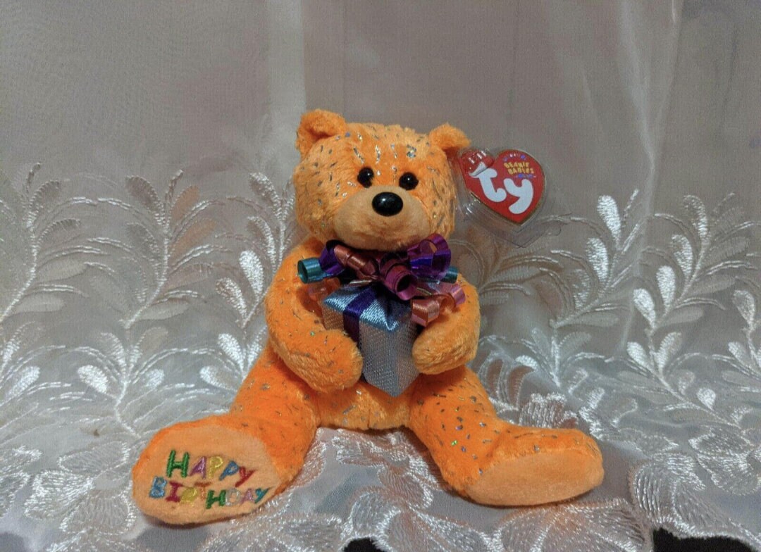 Ty Beanie Baby - Happy Birthday! the Orange Bear Holding A Gift (6in ...