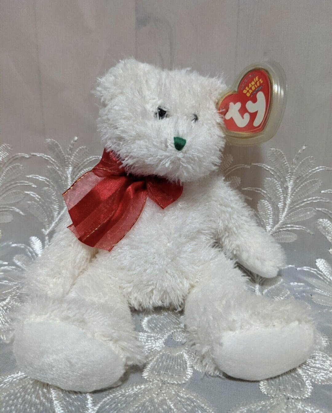 Ty Beanie Baby - White Holiday Teddy With Red Ribbon (8.5in) - Etsy