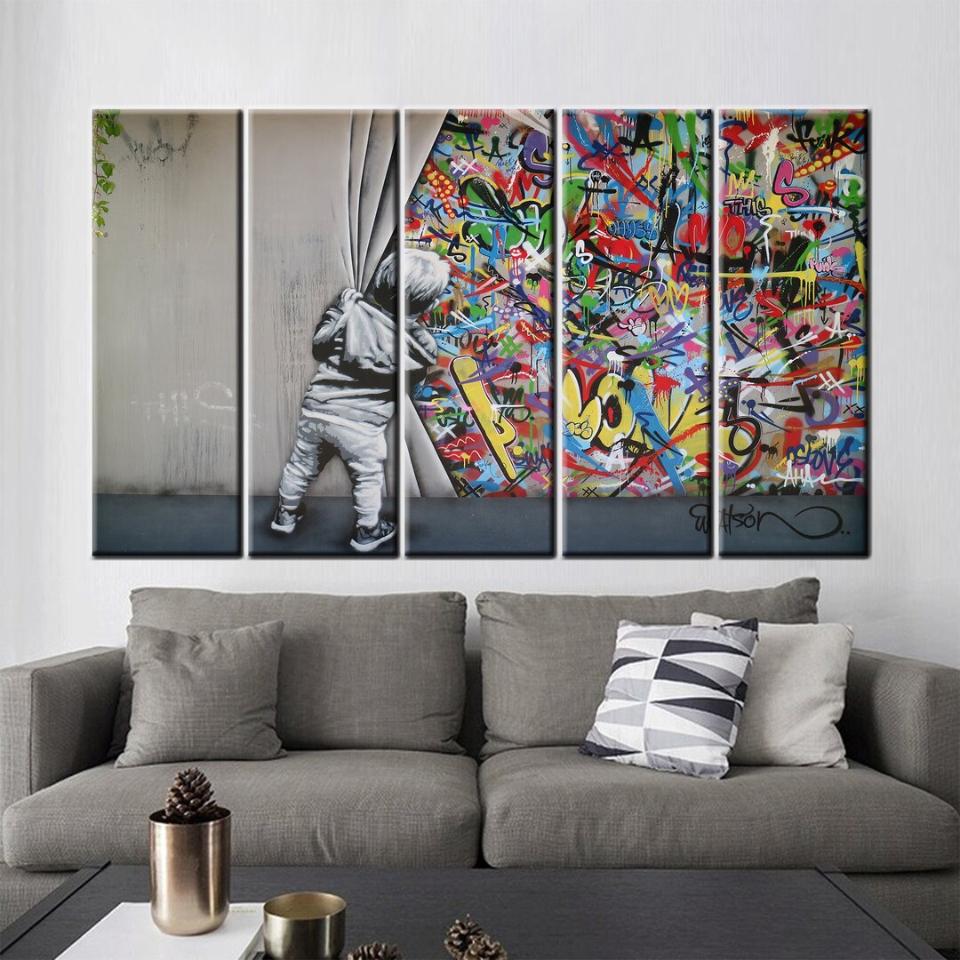 Banksy Style Graffiti Canvas Art: Child Peeking Mural - Etsy Australia
