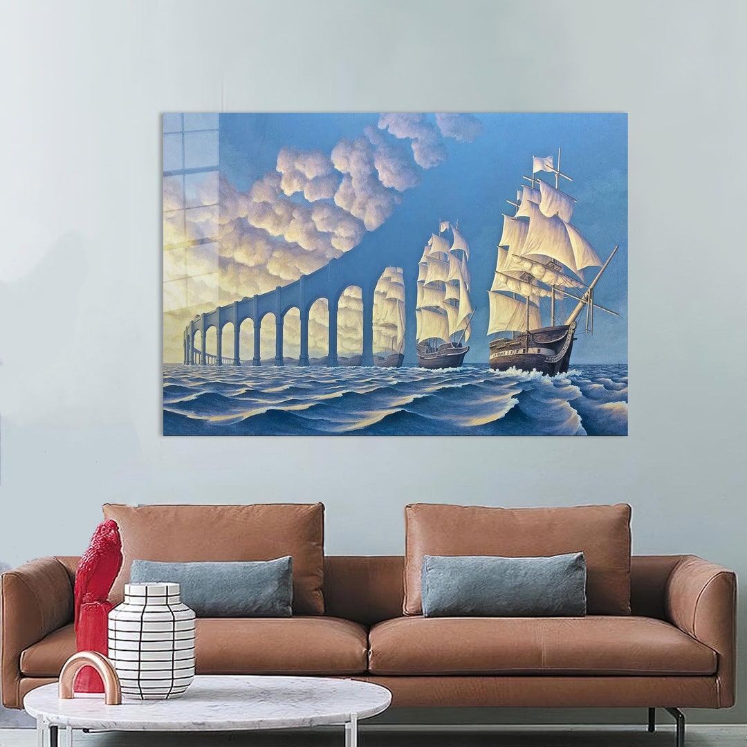 Surrealist Glass Wall Art: Sky Bridge & Sailing Ships - Etsy