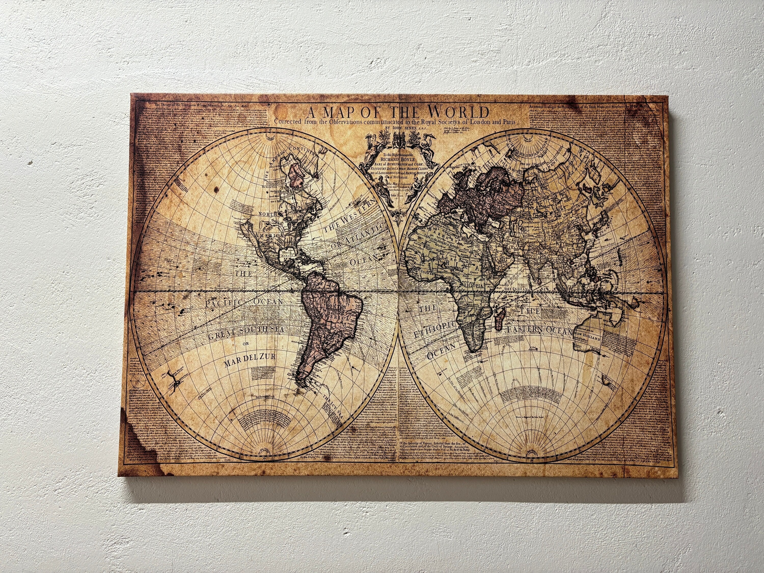 Antique World Map Poster, Rustic Double Hemisphere Artwork on Cotton ...