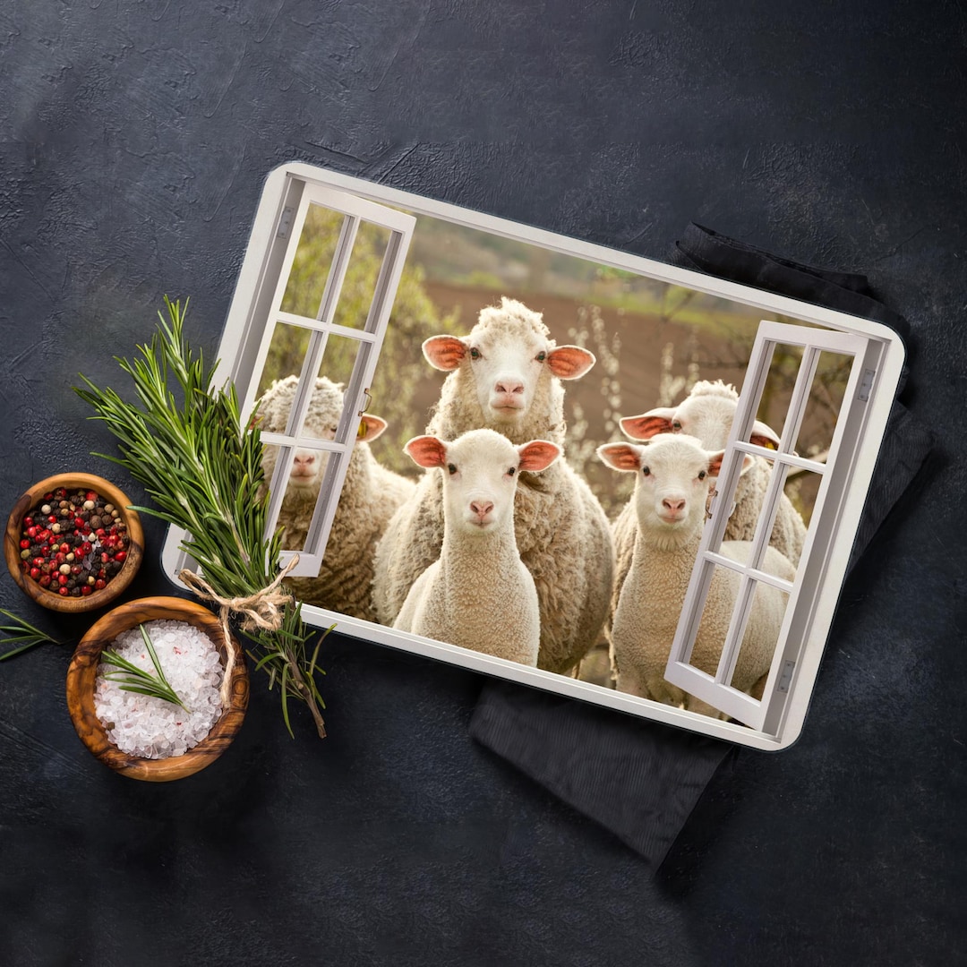 Sheep Through Window Tempered Glass Cutting Board: Animal Serving Board ...