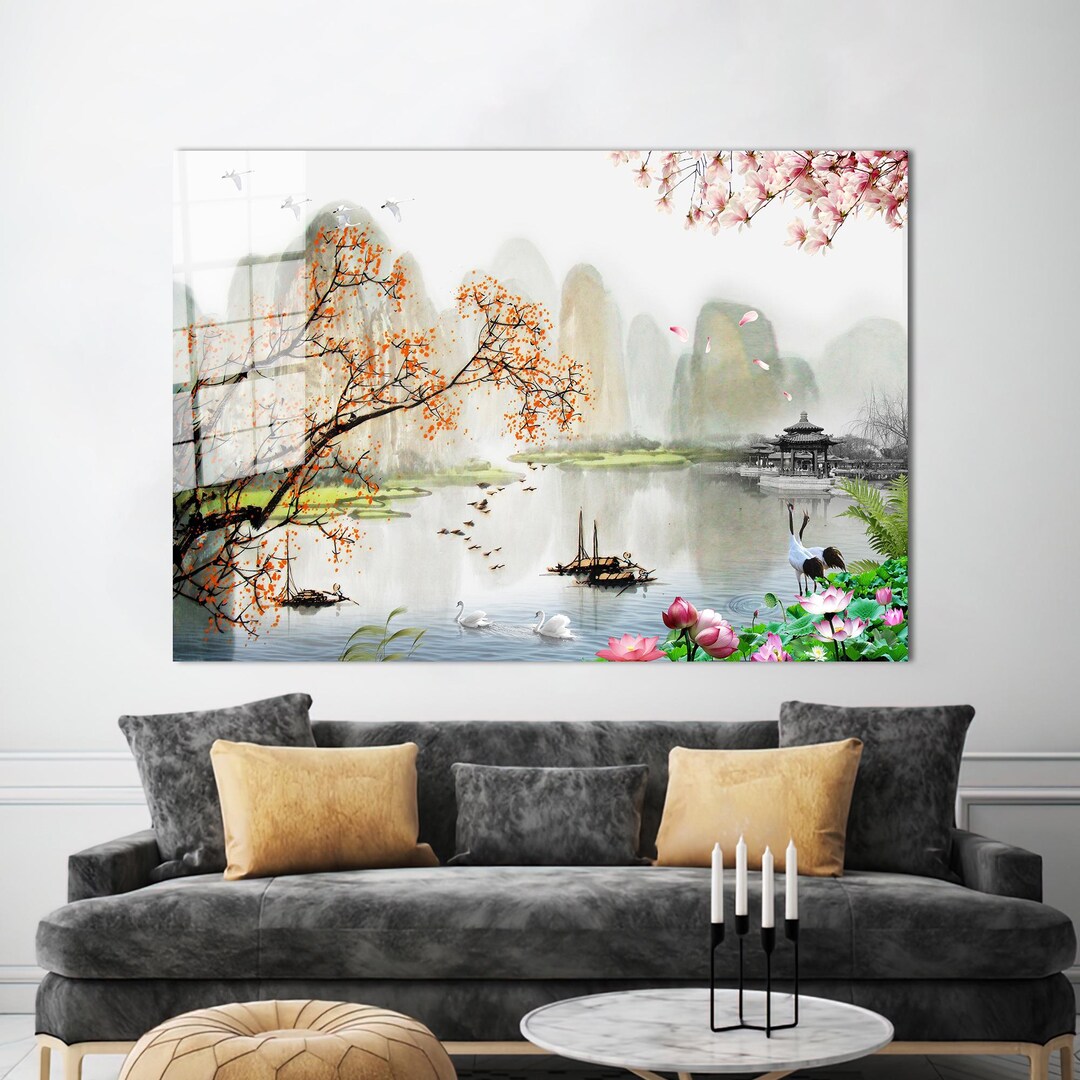 Sakura Landscape Glass Wall Art: Japanese Samurai Decor - Etsy