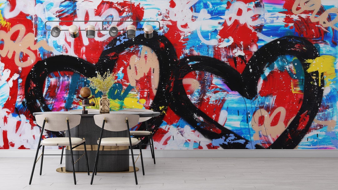 Hearts Graffiti Wall Mural: Love Wallpaper, Modern Art - Etsy